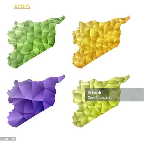 시리아의 벡터 다각형 지도 세트입니다 낮은 폴리 스타일로 국가의 밝은 그라디언트 지도 인포그래픽을 위한 기하학적 스타일의 여러 가지 빛깔의 시리아 지도 놀라운 벡터 일러스트