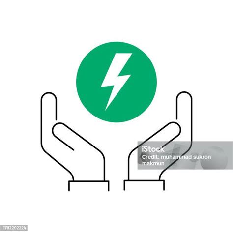 두 개의 얇은 선 손은 전기 절약을 제어합니다 에너지 절약 배지 또는 재생 가능한 자원의 개념 플랫 리니어 스타일 트렌드 현대