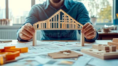 A Model Builder Holds A Wooden Roof Structure In Front Of A Table
