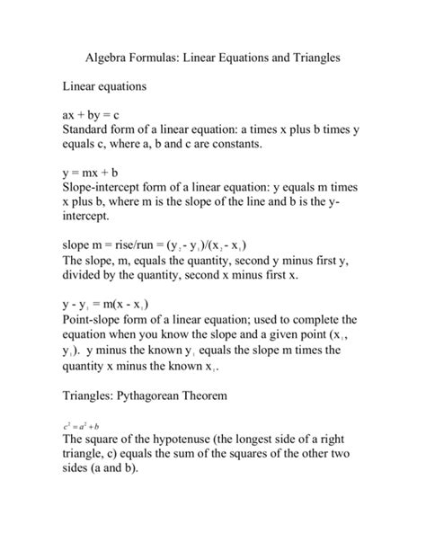 Algebra Formulas Linear Equations And Triangles