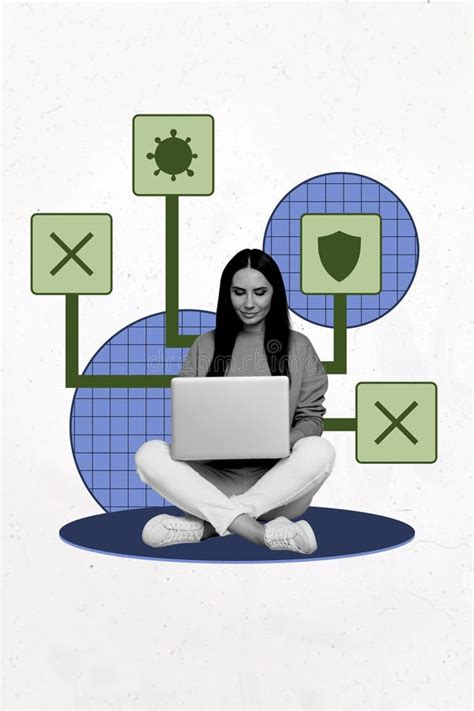 Composite Trend Artwork Sketch Image Collage Of Young Lady Sit Work Laptop Security Data Protect
