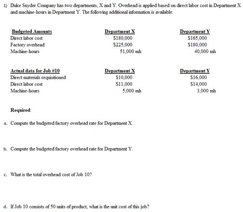 Solved 1 Duke Snyder Company Has Two Departments X And Y