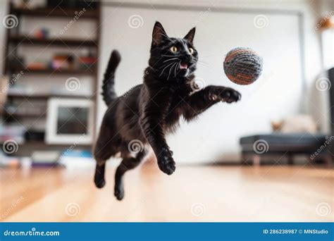 Black Cat Jumping Around Playing With A Cat Toy At Home Having Fun