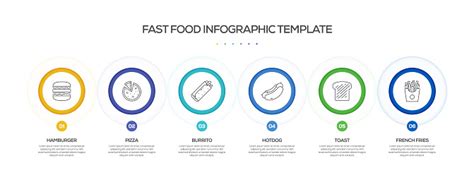 패스트 푸드 관련 프로세스 인포그래픽 템플릿 프로세스 타임라인 차트 선형 아이콘이 있는 워크플로 레이아웃 0명에 대한 스톡 벡터
