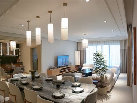 가구 거실 건축 널찍한 대리석 테이블 도시 생활 램프 럭셔리 미니멀리스트 밝은 방 샹들리에 소파 스타일 식사 공간 실내 식물 아늑한 아파트