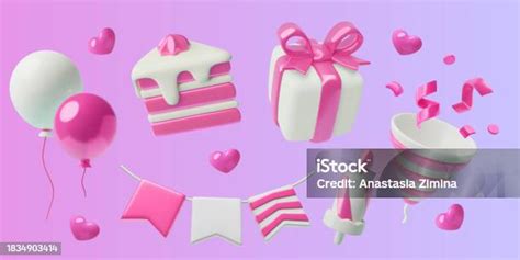 생일 3d 핑크 파티 장식 세트 3차원 형태에 대한 스톡 벡터 아트 및 기타 이미지 3차원 형태 생일 아이콘 세트 Istock