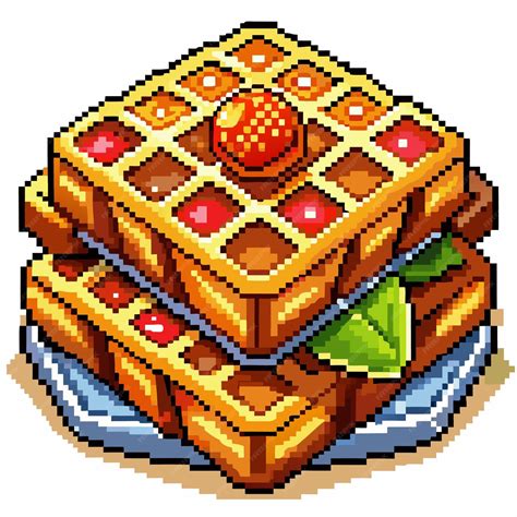 Pixel Art Waffles With Strawberry And Mint Leaves On Plate Premium Ai Generated Vector