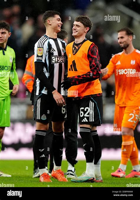 Newcastle Uniteds Lewis Miley Left Celebrates With Sean Neave After