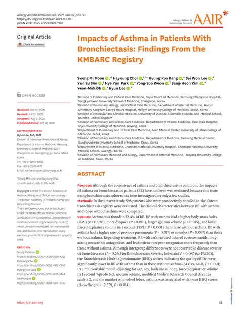 Pdf Impacts Of Asthma In Patients With Bronchiectasis Findings From The Kmbarc Registry