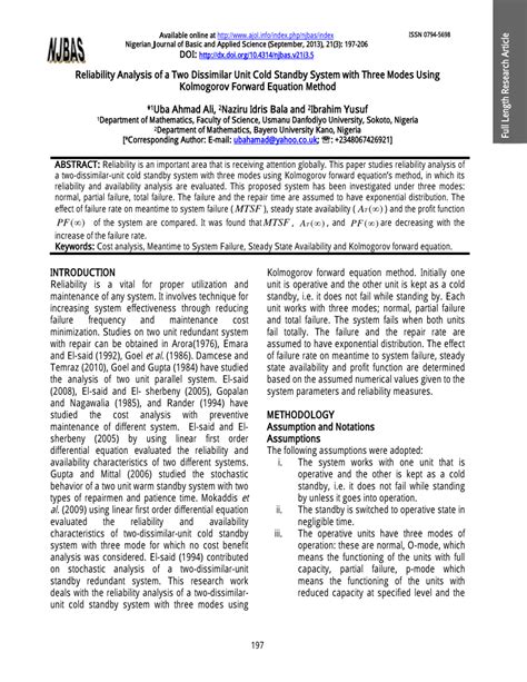 Pdf Reliability Analysis Of A Two Dissimilar Unit Cold Standby System With Three Modes Using