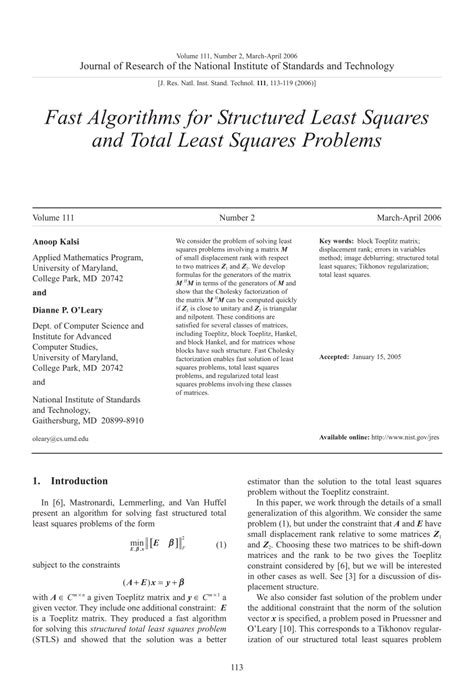 Pdf Fast Algorithms For Structured Least Squares And Total Least Squares Problems