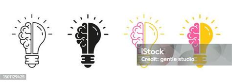 지식 스마트 솔루션 라인 및 실루엣 색상 아이콘 세트 전구와 인간의 뇌 픽토그램 영감 흰색 배경에 창의적인 아이디어 기호 컬렉션