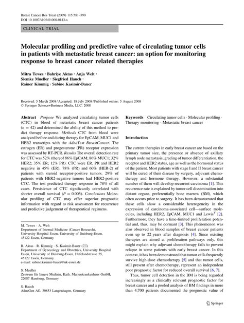 Pdf Molecular Profiling And Predictive Value Of Circulating Tumor Cells In Patients With
