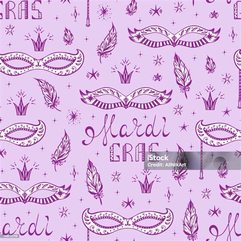 축 하 카니발 완벽 한 패턴입니다 마디 그 라 파티입니다 손으로 그려 베네치아가 면 무도회 마스크 깃털과 별 글자 마디 그 라 휴일 벡터 배경 Carnival에 대한 스톡