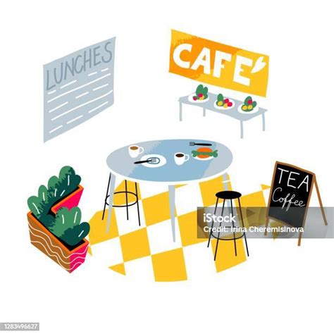 카페 인테리어 디자인 배경 두 개의 의자가있는 빈 방 음식과 커피와 차 벡터 일러스트가있는 접시가있는 테이블 메뉴 칠판 식사와 음주 장소 0명에 대한 스톡 벡터 아트 및