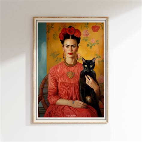 Frida Kahlo Portrait With Black Cat Feminist Art Print Digital