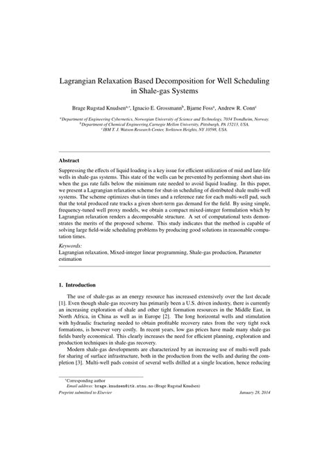 Pdf Lagrangian Relaxation Based Decomposition For Well Scheduling In Shale Gas Systems