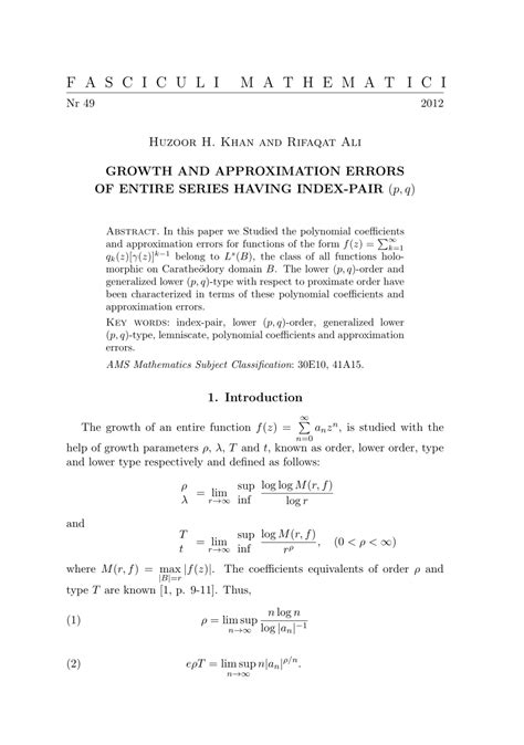 Pdf Growth And Approximation Errors Of Entire Series Having Index Pair Pq