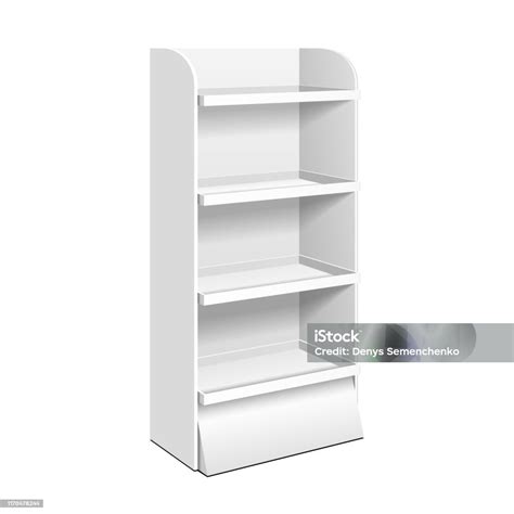 슈퍼마켓 빈 빈 골판지 소매 선반 바닥 디스플레이 랙 모의 고개 흰색 배경 격리에 3d 설계 준비 완료 제품 광고 벡터 Eps10 3차원 형태에 대한 스톡 벡터 아트 및