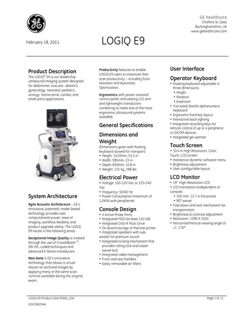 Ge Logiq E9 Data Sheet Pdf Ventricle Heart Aorta