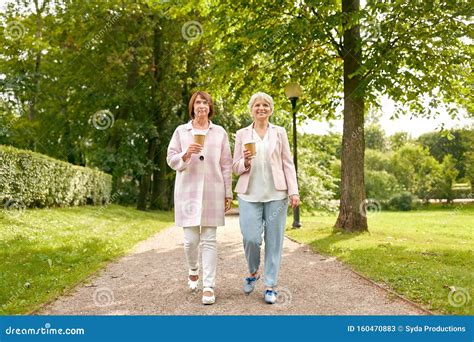Senior Women Or Friends Drinking Coffee At Park Stock Image Image Of