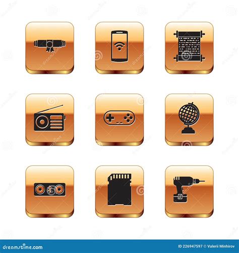 Set Diploma Rolled Scroll Bluetooth Speakers Sd Card Gamepad Radio And Paper Icon Vector