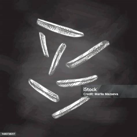 칠판 배경에 격리된 감자 튀김의 손으로 그린 스케치 패스트 푸드 그림입니다 빈티지 그림 라벨 포장 및 엽서 디자인을위한 요소 감자 요리에 대한 스톡 벡터 아트 및 기타