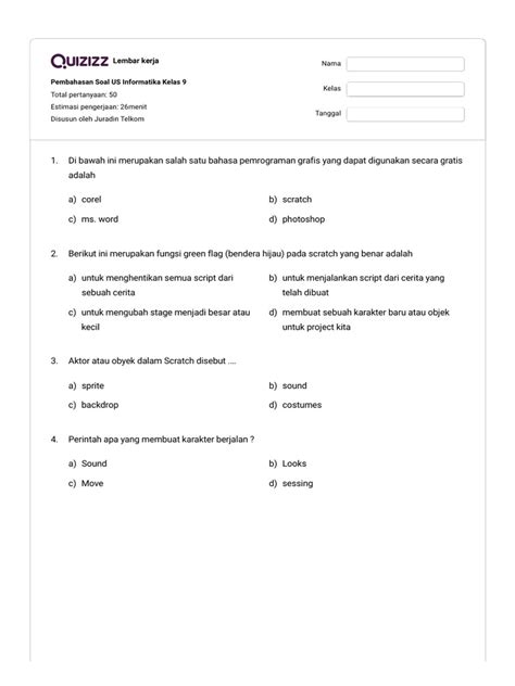 Pembahasan Soal Us Informatika Kelas 9 Quizizz Pdf