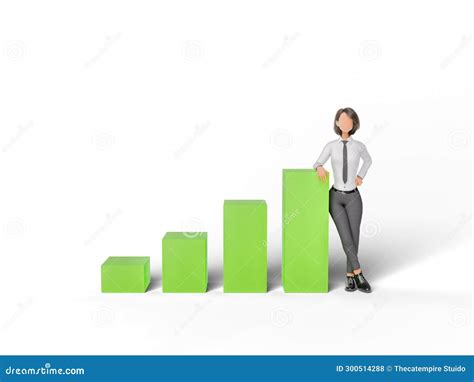 Stylized Character Businesswoman With Increasing Bar Graph On White Background Stock