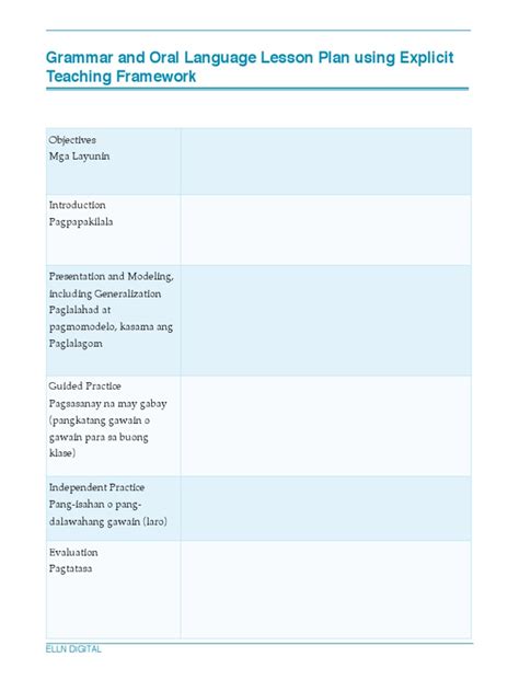 Grammar And Oral Language Lesson Plan Using Explicit Teaching Framework