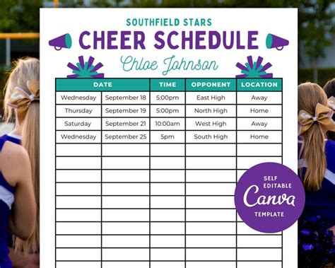 Editable Cheer Schedule Template Cheerleader Practice Or Game Calendar Etsy Schedule