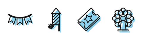 세트 라인 티켓 깃발이 있는 카니발 화환 불꽃놀이 로켓 및 관람차 아이콘 벡터 갈란드 장식품에 대한 스톡 벡터 아트 및 기타 이미지 갈란드 장식품 건네주기 공휴일