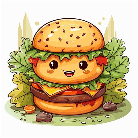 Premium Vector Cute Illustrator Of Double Patty Burger Smiling Kawaii Anime Style