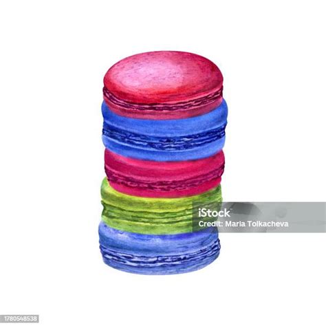 전통적인 프랑스 마카롱 형형색색의 아몬드 쿠키 마카롱 케이크 파란색 녹색 빨간색의 달콤한 디저트 흰색에 고립된 수채화 그림입니다 포장 메뉴 레시피 라벨용 0명에 대한 스톡