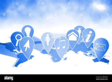 Digital Illustration Showing Nine Translucent Map Markers Over World