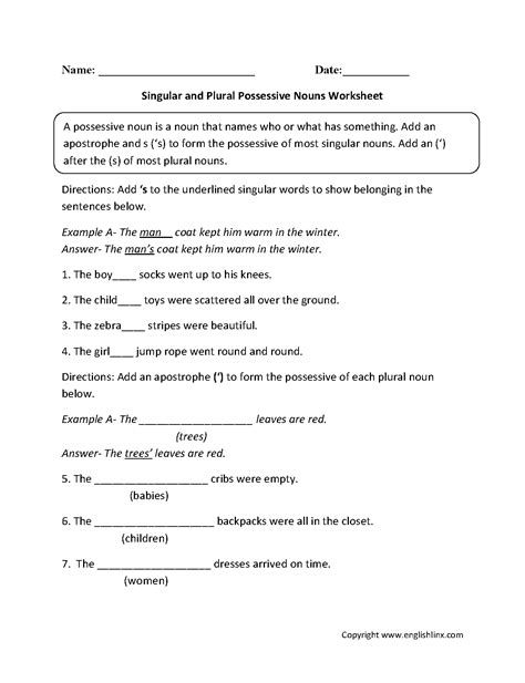 Possessive Nouns Worksheets Singular And Plural Possessive Nouns