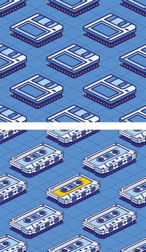 Isometric Floppy Magnetic Disk And Audio Cassette Tape Seamless Pattern Stock Illustration