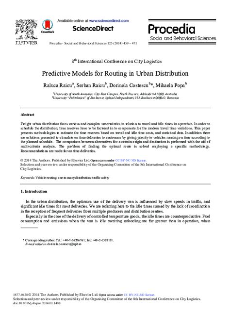 Pdf Predictive Models For Routing In Urban Distribution Serban