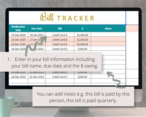 Bill Tracker Google Sheet Spreadsheet Monthly Bill Due Date Etsy
