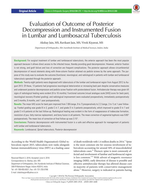 Pdf Evaluation Of Outcome Of Posterior Decompression And Instrumented Fusion In Lumbar And