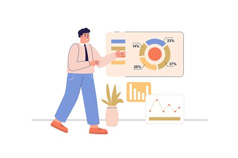 사람들 장면과 비즈니스 통계 웹 개념 프리젠 테이션 보드에서 차트와 다이어그램에서 데이터를 분석하고 재무 보고서를 작성하는 사람 평면 디자인의 캐릭터 상황 벡터