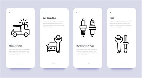 자동차 수리점 도로 지원 도구 스파크 플러그 교체 얇은 라인 아이콘과 자동차 서비스 모바일 사용자 인터페이스 픽셀 완벽 편집