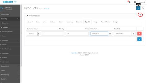 opencart 2 x how to add and manage specials and featured products