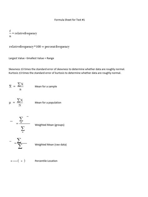 Formula Sheet For Test 1 Pdf Variance Skewness