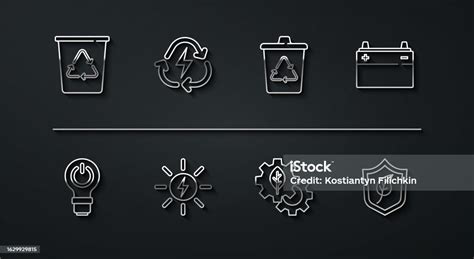 재활용 전구 번개 자동차 배터리 잎 식물 기어 기계 태양 에너지 패널 배터리 방패 잎 및 아이콘으로 라인 휴지통을 설정하십시오 벡터 0명에 대한 스톡 벡터 아트 및 기타
