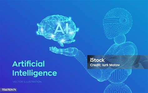 Ai 인공 지능 사이보그 또는 봇 의 형태로 Ai 와이어 프레임 로봇 디지털 두뇌 로봇 손에 뇌 기계 학습 미래의 그래픽 디자인 컨셉 벡터 그림입니다 0명에 대한 스톡 벡터