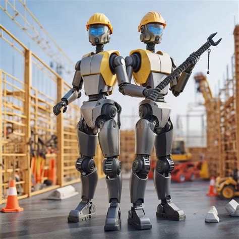 Robot Builders Work On A Construction Site With Tools Made With Ai Stock Illustration