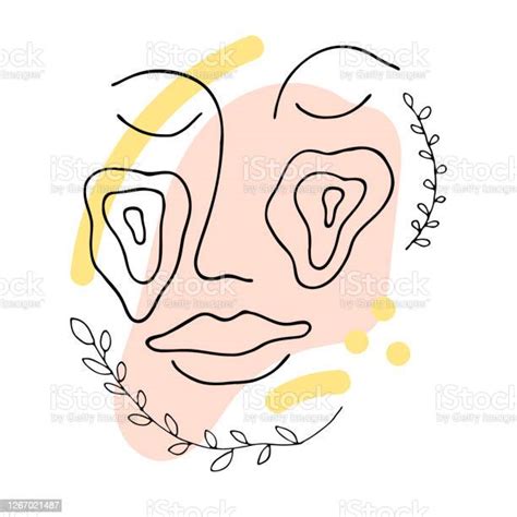 흰색 배경에 고립 된 손 그리기 추상적 인 여성 초상화 라인 아트 기하학적 모양의 현대적인 벡터 일러스트레이션 눈 입술 꽃 의