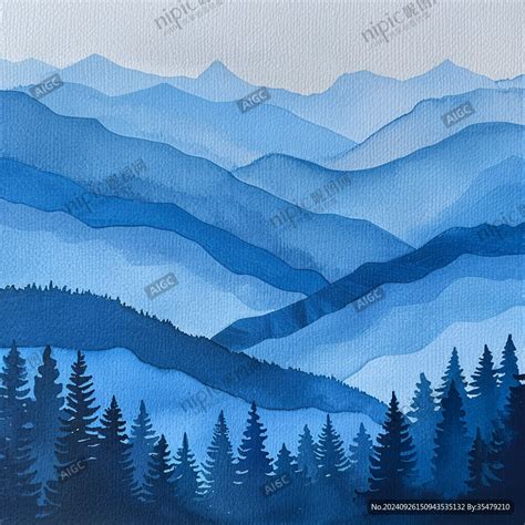 AI创作图水彩画 山峰 山脉 蓝色 自然风景 水彩 山 山水画 艺术作品 绘画 艺术 自然 风景画 抽象画 山水 山峦叠嶂 蓝色调 清新 宁静