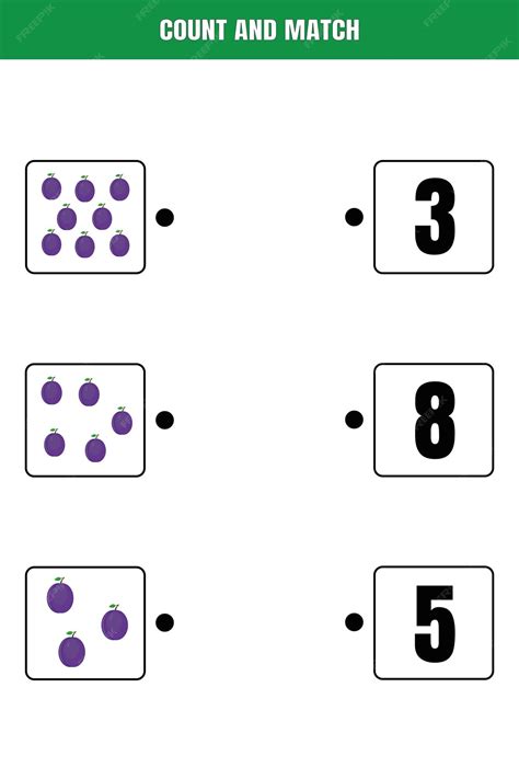 숫자를 세고 짝을 맞추는 어린이를 위한 교육용 수학 게임 미취학 아동을 위한 인쇄 가능한 워크시트 디자인 프리미엄 벡터
